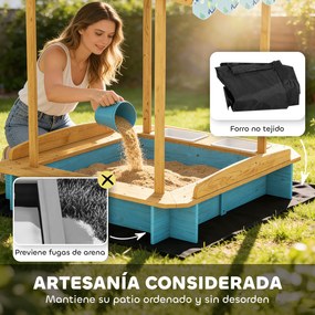 AIYAPLAY Dřevěné pískoviště se střechou, 3 lavice, 2 PP boxy, podklad pro děti 3-6 let, 128x118x121 cm, modrá
