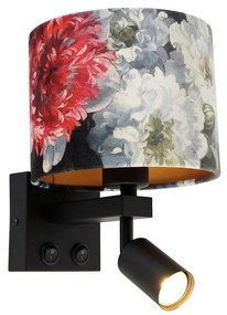 Nástěnná lampa černá s lampičkou na čtení a stínidlem 18 cm květinový - Brescia