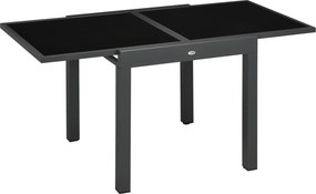 Rozkládací zahradní stůl Outsunny z hliníku s obdélníkovým tvarem a tvrzeným sklem pro 4-6 osob, nosnost 50 kg, rozměry 80-160x80x75 cm, černý