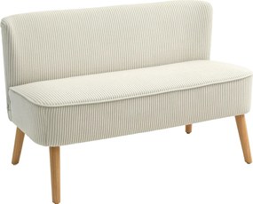 HOMCOM Moderní dvoumístná pohovka bez opěrky se sametovým vzhledem, malá pohovka s dřevěnými nohami pro obývací pokoj, 117 x 56,5 x 77 cm, Krémová | A