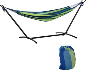 Houpací síť Outsunny s konstrukcí 310x117 cm, přenosná kempovací houpací síť s nastavitelnou výškou, nosnost 120 kg, pruhovaná zelená a modrá | Aosom