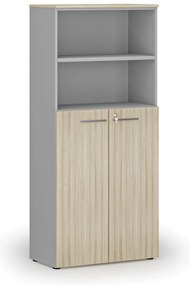 Kombinovaná kancelářská skříň PRIMO GRAY, dveře na 3 patra, 800 x 420 x 1781 mm, šedá/dub přírodní