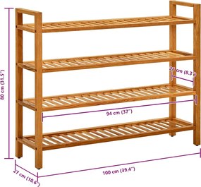 Botník se 4 policemi 100 x 27 x 80 cm masivní dubové dřevo 331750