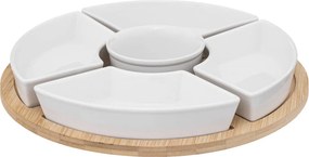 Servírovací set: 6 porcelánových misek + bambusový tác