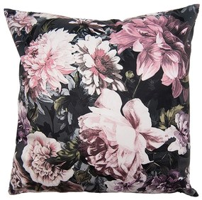 Černý sametový povlak na polštář s výraznými růžovými květy - 45*45 cm