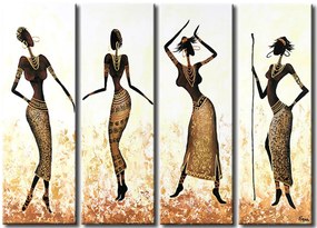 Obraz Tanec afrických žen v zlatě (4dílný) - africký motiv s ženami