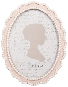 Růžový oválný fotorámeček s bílými perličkami - 13*2*18 cm / 10*15 cm