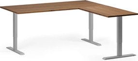 Rohový výškově nastavitelný stůl, 180x180 cm, 3 motory, L/P, šedá podnož, ořech