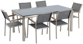 Sada zahradního nábytku stůl se skleněnou deskou 180 x 90 cm 6 šedých židlí GROSSETO Beliani