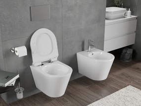 Mexen Rico, závěsná WC mísa 490x360x370 mm, Rimless Tornádo + WC sedátko z duroplastu, bílá lesklá, 30720100T
