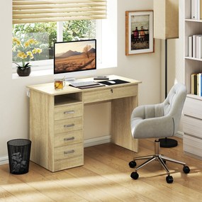 HOMCOM Moderní psací stůl s 5 zásuvkami, velkou deskou, 1 otevřenou přihrádkou, zamykatelnou zásuvkou, 110 x 50 x 76 cm, dub