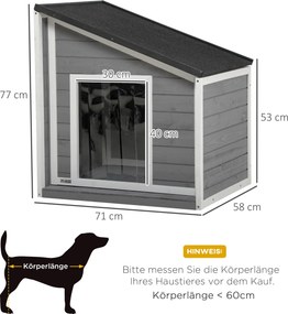 Psí bouda PawHut z jedlového dřeva s asfaltovou střechou a dveřním závěsem šedá 71x58x53/77cm pro malé psy | Aosom.de