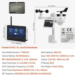 Wi-Fi meteorologická stanice 7 v 1 7 V TFT displeji bezdrátový venkovní senzor