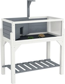 PawHut zvýšený dům pro želvy s 2 zónami, otevíracím víkem, držákem na lampu a panoramatickým výhledem – 84,5 × 47,5 × 90 cm (šedý)