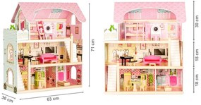 Růžový dřevěný domeček pro panenky + 4 panenky