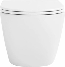 Rea Carlo Mini, závěsná záchodová mísa Tornado Rimless 485x365x350 mm + WC sedátko, bílá lesklá, REA-C8770