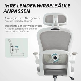 HOMCOM Ergonomická kancelářská židle s opěrkou zad z síťoviny, výškově nastavitelná, sklápěcí loketní opěrky, 5 koleček, houpací funkce, šedá