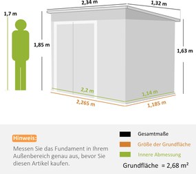 Outsunny plechový zahradní domek 2,68 m² – zamykatelný, 3 dveře, větraný, pultová střecha, rukavice v balení (234 × 132 × 185 cm)