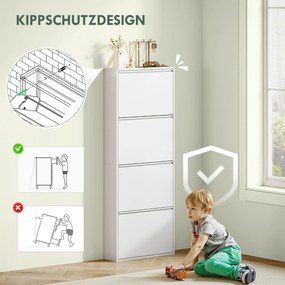 HOMCOM Kovový botník se 4 sklápěcími dvířky, úzký botník pro 8 párů bot 55 x 15 x 139,5 cm Bílý