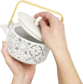 Kameninová konvice Casa Decor, 0,85 l – ve stylu Azulejo, se šedými ornamenty a dřevěnou rukojetí