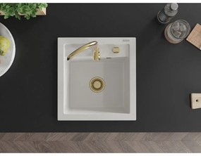 Mexen Vito, granitový dřez 520x490x210 mm, 1-komorový, bílá se zlatým sifonem, 6503521000-20-G