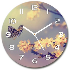 Wallmuralia Skleněné hodiny kulaté Květ višně a motýl fi 30 cm