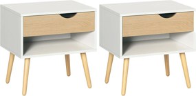 HOMCOM Sada 2 nočních stolků s šuplíkem a úložnou policí pro ložnici, obývací pokoj, postel, kancelář, moderní styl 50x39x51 cm Bílá a dub | Aosom