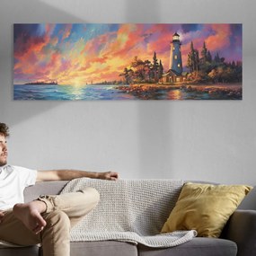 Obraz na plátně - Maják na pobřeží se západem slunce FeelHappy.cz Velikost obrazu: 210 x 70 cm