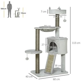 PawHut Odpočívadlo a škrabadlo pro kočky s jeskyní a vyhlídkami, světle šedé, výška 113 cm D30-565V00LG