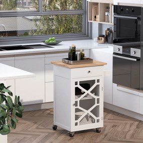 HOMCOM Servisní vozík - kuchyňský vozík na kolečkách - zásuvka, skříňka, držák na utěrky - rozměry 63L x 45W x 86H cm - bílá dřevěná konstrukce