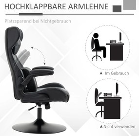 Ergonomická herní židle Vinsetto s nastavitelnou výškou, kulatou základnou, sklápěcími opěrkami, podhlavníkem a bederními polštáři, PU šedá černá
