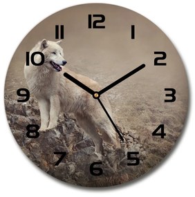 Wallmuralia Skleněné hodiny kulaté Bílý vlk na skále fi 30 cm