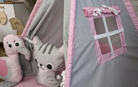 Dětský stan TEEPEE (TÝPÍ) ANIMALS s doplňky - PLAMEŇÁK A KAMARÁDI - šedý/růžový