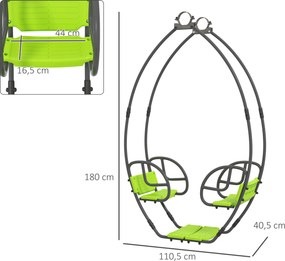 Houpací lavice Outsunny pro děti - kovová konstrukce s madly pro 2 děti ve věku 3 až 6 let, rozměry 110,5 x 40,5 x 180 cm, zelená
