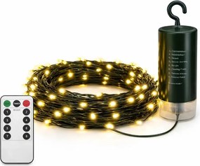 LED světýlka na baterie, venkovní, 10,2 m, teple bílá, 100 diod, tmavě zelný kabel, IP44, 4×AA