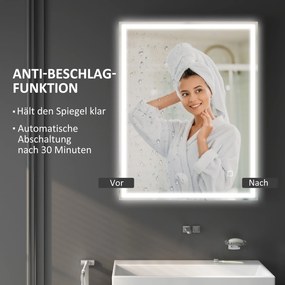 HOMCOM Koupelnové zrcadlo s osvětlením 90x70 cm LED zrcadlo Nástěnné zrcadlo s paměťovou funkcí 3 barvy světla Stříbrná