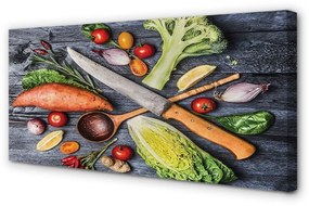 Obrazy na plátně Nůž vlákna příze špenát rajčata 125x50 cm