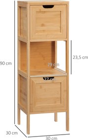 Kleankin volně stojící koupelnová skříňka se skříňkami a bambusovými nohami, 2 odnímatelné zásuvky a 1 police - přírodní design - 30 x 30 x 90 cm | Ao