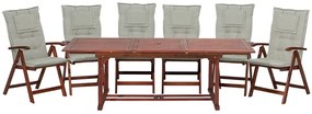 Zahradní souprava, dřevěný stůl a 6 židlí s béžově šedými polštáři TOSCANA Beliani