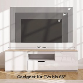 HOMCOM TV nízká komoda, vysoký lesk, pro televizi až 65'', 3 přihrádky, zásuvka, 160 x 38 x 43 cm, přírodní dřevo