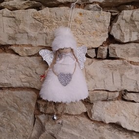 Sada vánočních ozdob andílků 11,5 cm, bílá, dřevo, příze