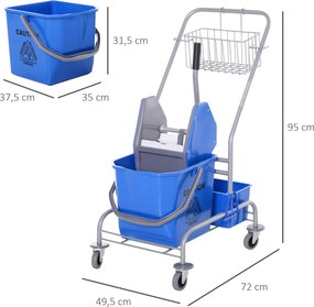 HOMCOM Úklidový vozík, vozík na mop, objem 25 l, 4 kolečka, plast, modrý