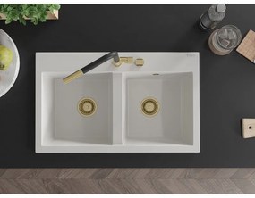Mexen Hektor, 2-komorový granitový dřez 800x480x205 mm, bílá, zlatý sifon, 6521802000-20-G