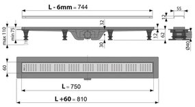 Alcadrain Simple Žlab odtokový 75 cm s okrajem pro perforovaný rošt APZ10-750M