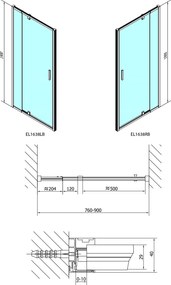 Polysan Polysan, EASY BLACK otočné sprchové dveře 760-900mm, sklo Brick, EL1638B