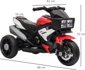 HOMCOM Elektrická Motorka pro Děti od 3 Let 6V Na Baterie s Osvětlením, Hudbou, Klaksonem a Širokými Koly, Rychlost 3 km/h, Červená a Černá