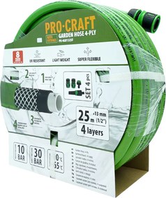 Procraft PR-4GH1325F - zelená zahradní hadice, 4 vrstvy, 1/2", 25m