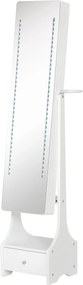 HOMCOM LED šperkovnice 2 v 1, šperkový regál se zrcadlovou skříňkou a zásuvkou, MDF, bílá, 37 x 30 x 158 cm