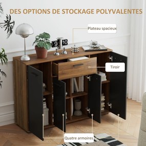 HOMCOM Hnědý a Černý Kufenický Úložný Kabinet s 4 Skříňkami, Zásuvkami a Nastavitelnými Policemi, Rozměry 120 x 35 x 85 cm