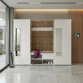 Předsíňová stěna Trinity 10 s čalouněnými panely, 280 cm, bílá / světle béžová